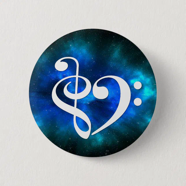 Treble Clef Bass Clef Heart Blue Burst Nebula Button | Zazzle