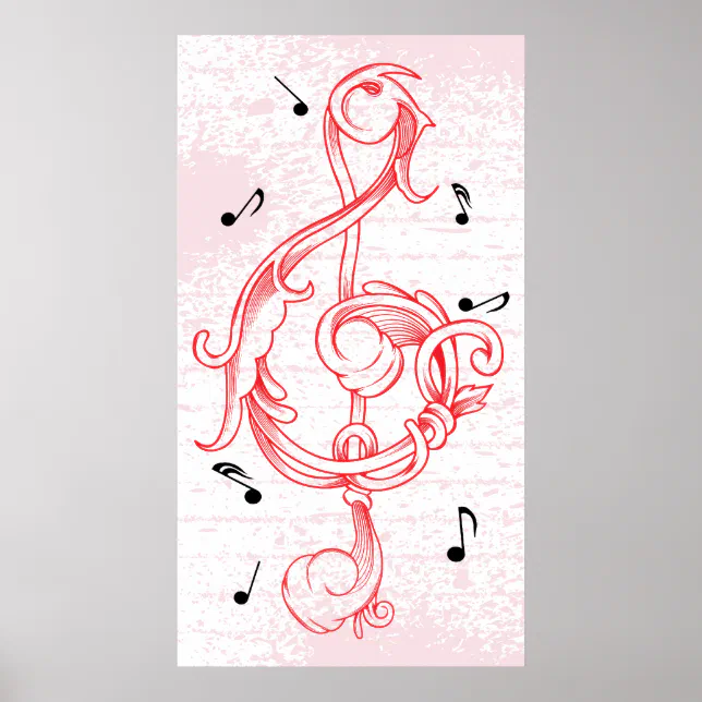 treble clef Red scrollwork sol note key poster | Zazzle