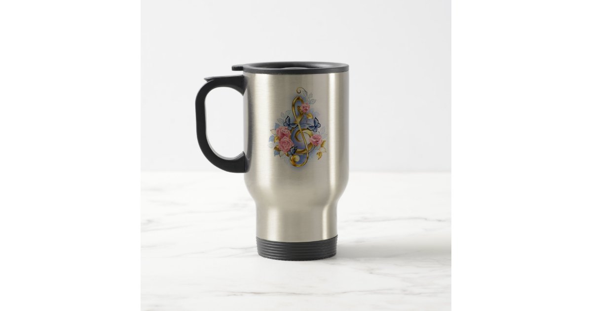 Treble clef with Pink Roses Travel Mug | Zazzle