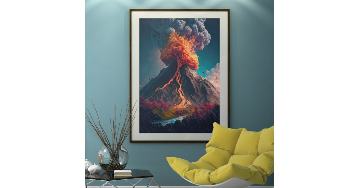 Tree and Erupting Volcano Illustration Poster | Zazzle