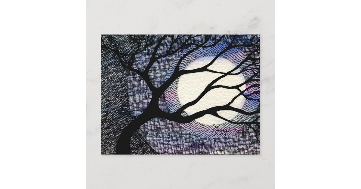 Tree and Moon Cross Hatched Postcard | Zazzle