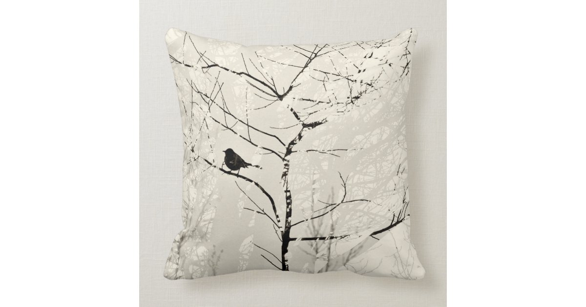 Tree Branches and Mocking Bird Taupe Cream Black Throw Pillow | Zazzle.com