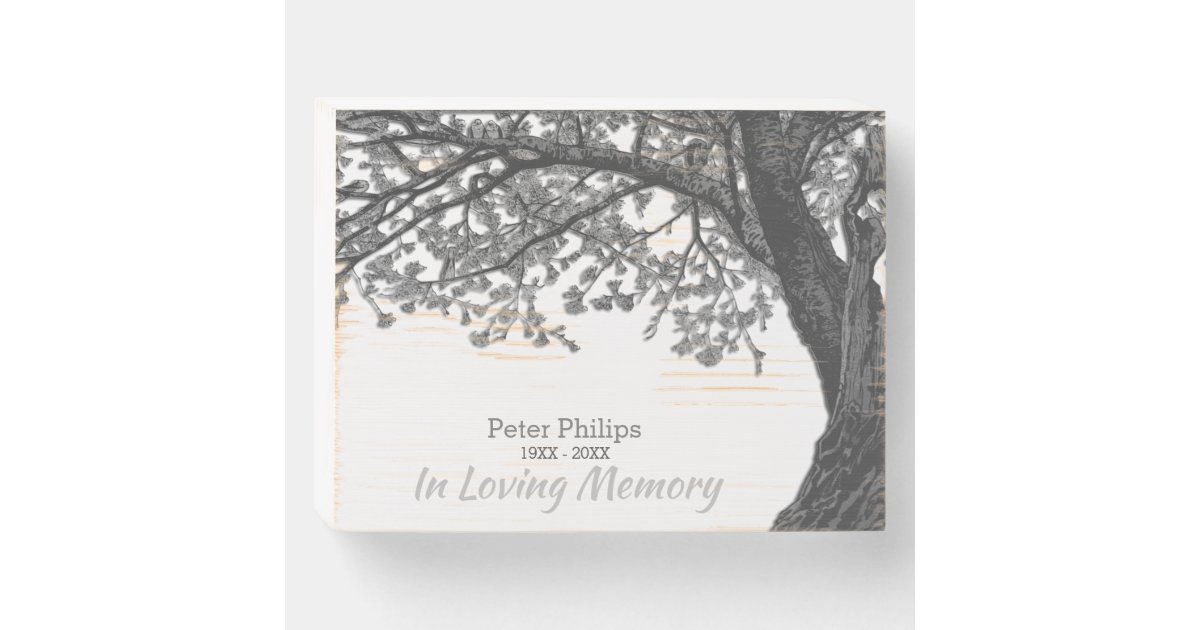 Tree engraved wood style Memorial Wooden Box Sign | Zazzle