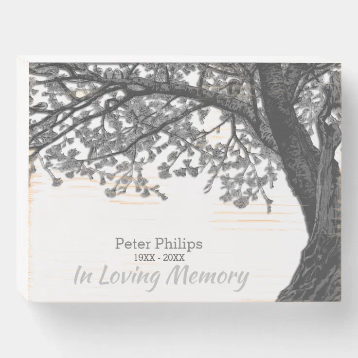 Tree engraved wood style Memorial Wooden Box Sign | Zazzle