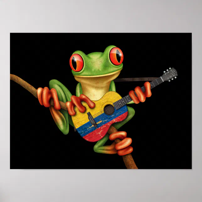 Tree Frog Playing Colombian Flag Guitar Black Poster | Zazzle