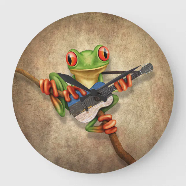 Tree Frog Playing Estonian Flag Guitar Large Clock | Zazzle