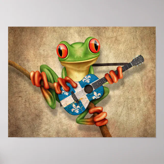 Tree Frog Playing Quebec Flag Guitar Poster | Zazzle
