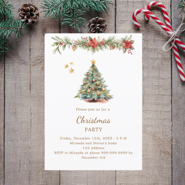 Tree garland red florals Christmas Party Invitation | Zazzle