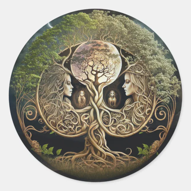 Tree of Life Goddess and Moon Classic Round Sticker | Zazzle