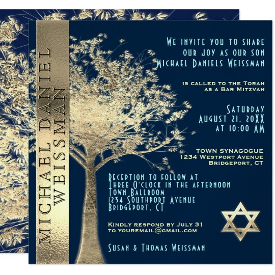 Tree of Life Gold and Navy Blue Bar Mitzvah Invitation | Zazzle.com