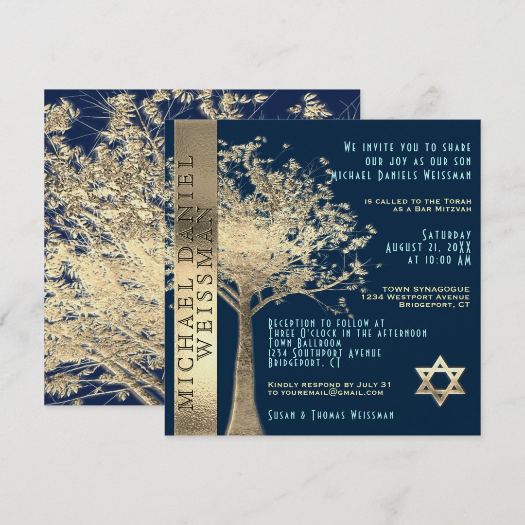 Tree of Life Gold and Navy Blue Bar Mitzvah Invitation | Zazzle