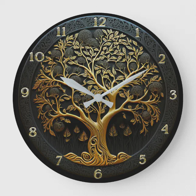 Tree of Life in Black and Gold Large Clock | Zazzle