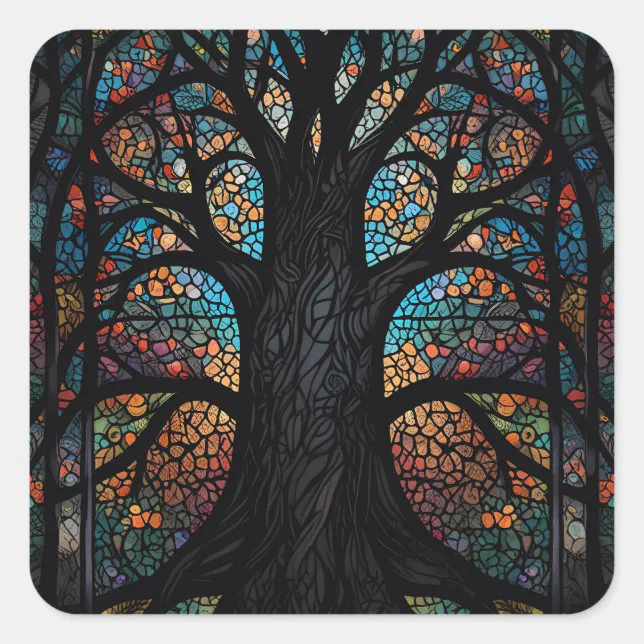 Tree Of Life Stained Glass Mosaic Art Square Sticker | Zazzle