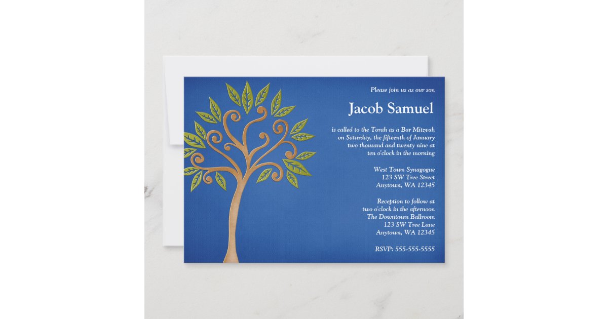 Tree of Life Swirls Blue Bar Mitzvah Invitations | Zazzle