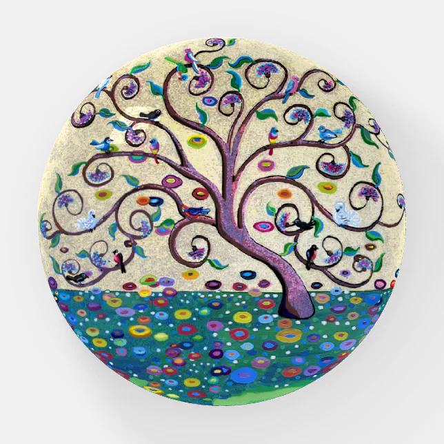 Tree of life with flowers and birds paperweight | Zazzle