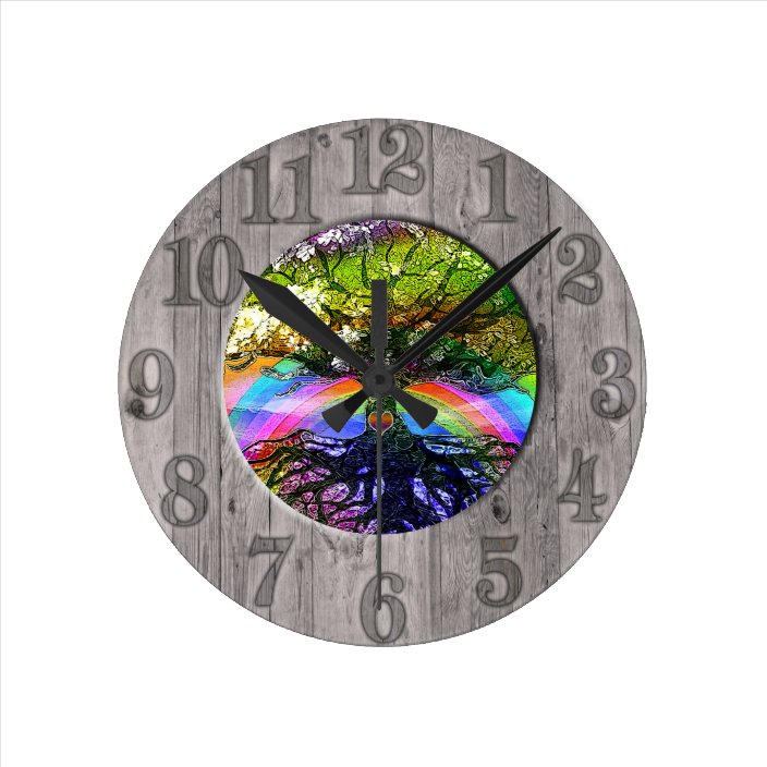 Tree of Life with Rainbow and Wood Frame Round Clock | Zazzle.com