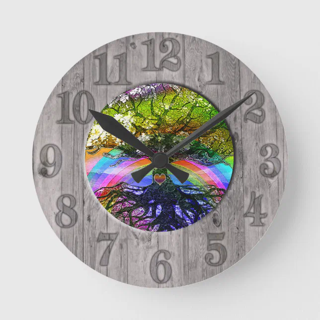 Tree of Life with Rainbow and Wood Frame Round Clock | Zazzle