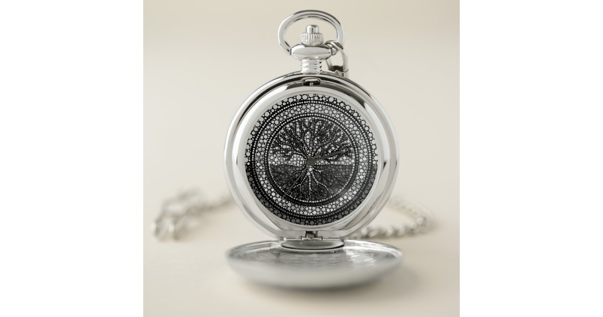Tree of life - Yggdrasil- Dot Art Grayscale Pocket Watch | Zazzle