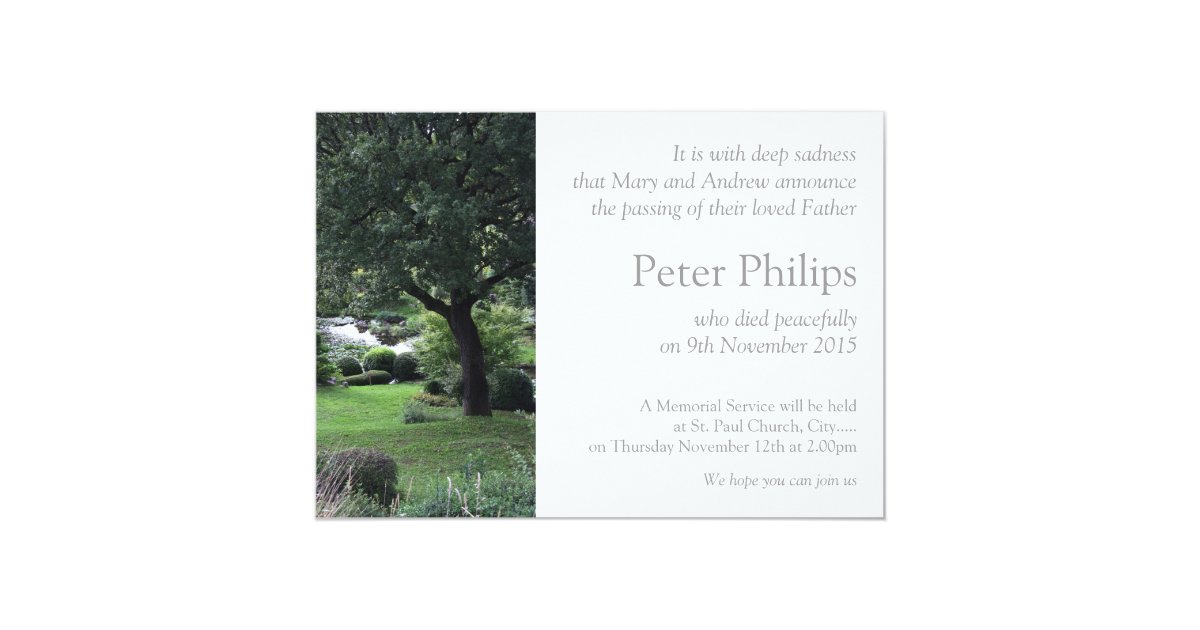 Tree Peaceful Garden 6 Funeral Announcement | Zazzle.com