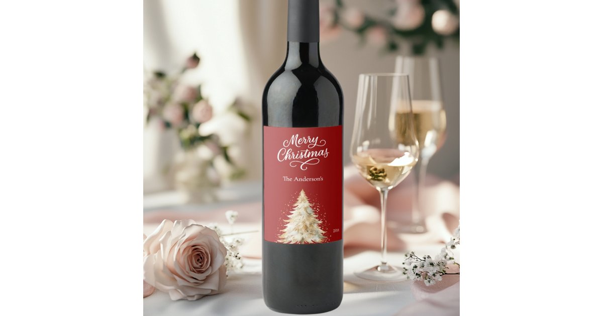 Tree snow red white Christmas Wine Label | Zazzle