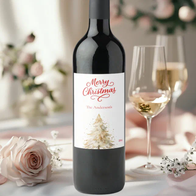Tree snow white red script Christmas Wine Label | Zazzle