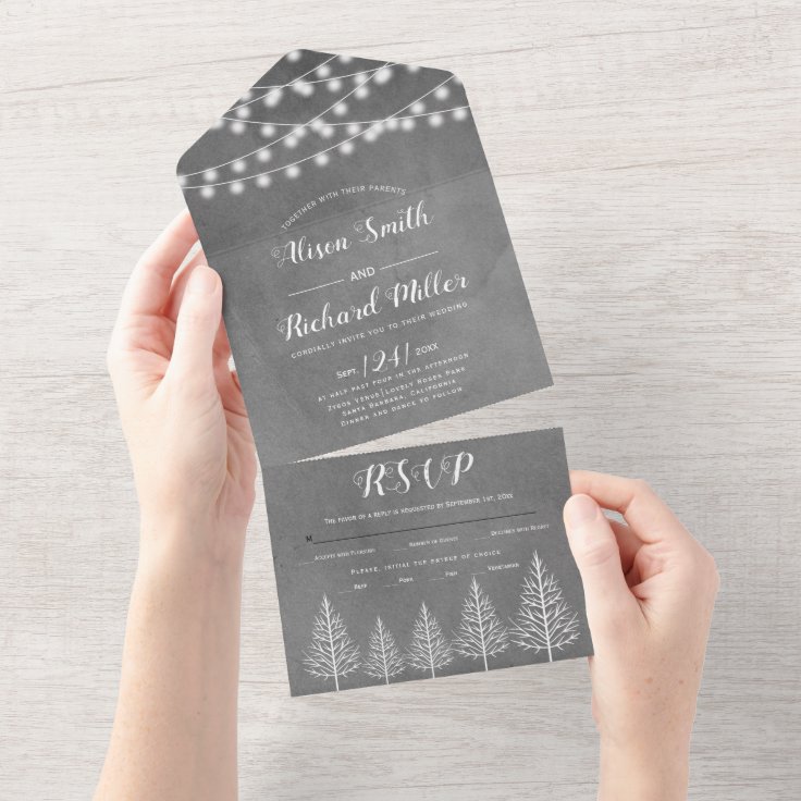 Trees and lights stained gray winter wedding all in one invitation | Zazzle