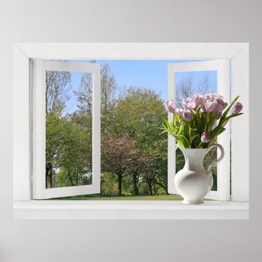 Trees in Springtime - Open Window View with Tulips Poster | Zazzle
