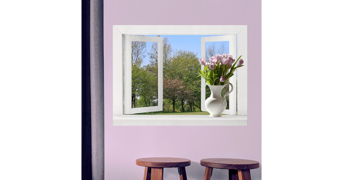 Trees in Springtime - Open Window View with Tulips Poster | Zazzle