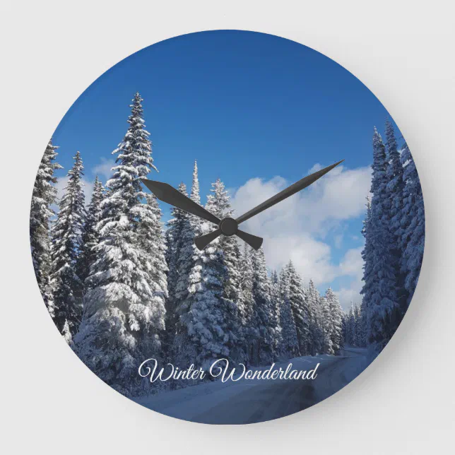 trees peaceful calming snow scenery winter large clock | Zazzle