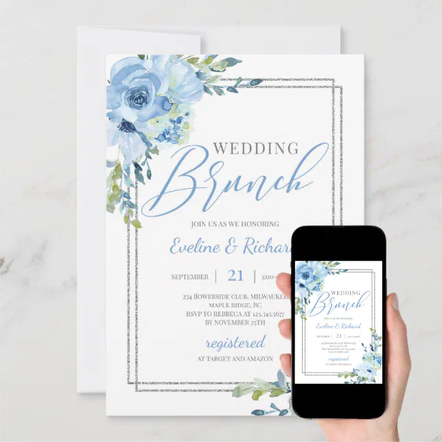 Trending dusty blue floral silver frame wedding invitation | Zazzle
