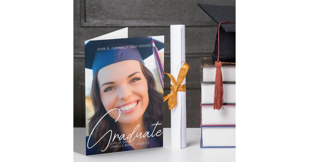 Trendy 2025 Graduation Photo White Script Folded Announcement | Zazzle