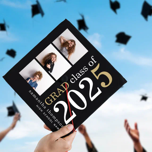 Trendy 3 photo White Gold Text 2025 Black Graduation Cap Topper | Zazzle