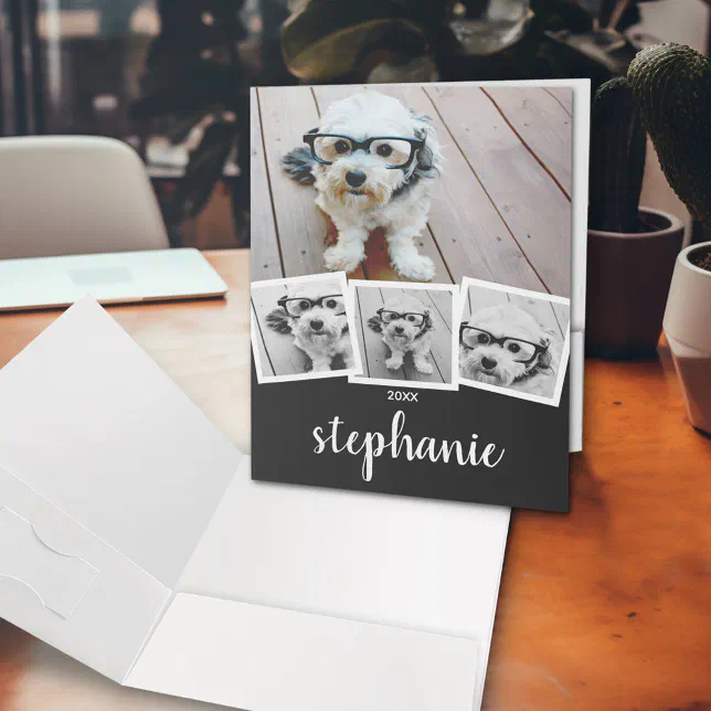 Trendy 4 Photo Collage Script Name White Black Pocket Folder | Zazzle