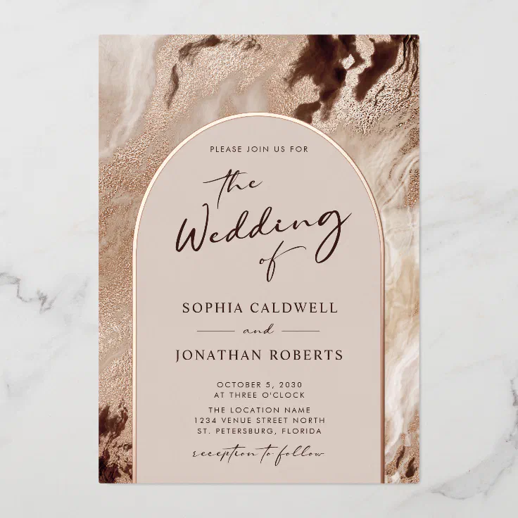 Trendy Arch Earthy Textures Real Rose Gold Wedding Foil Invitation | Zazzle