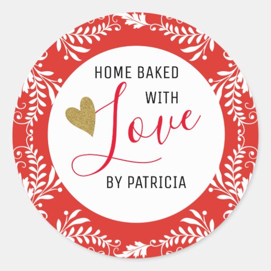 Trendy Baked With love Red And White Classic Round Sticker | Zazzle.com
