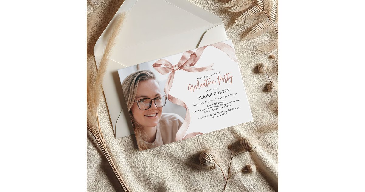 Trendy Beige Bow Photo Graduation Invitation | Zazzle