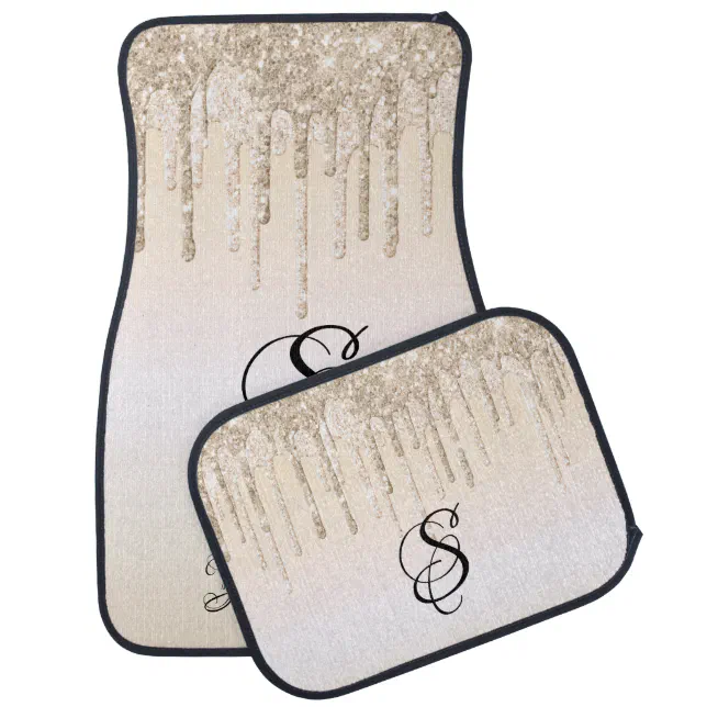 Trendy Beige Glitter Drips Graphic Monogram Car Floor Mat | Zazzle