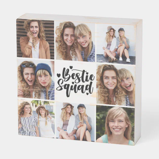 Trendy Bestie Squad Best Friends Photo Collage Wooden Box Sign | Zazzle