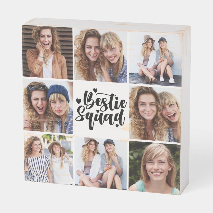 Trendy Bestie Squad Best Friends Photo Collage Wooden Box Sign | Zazzle