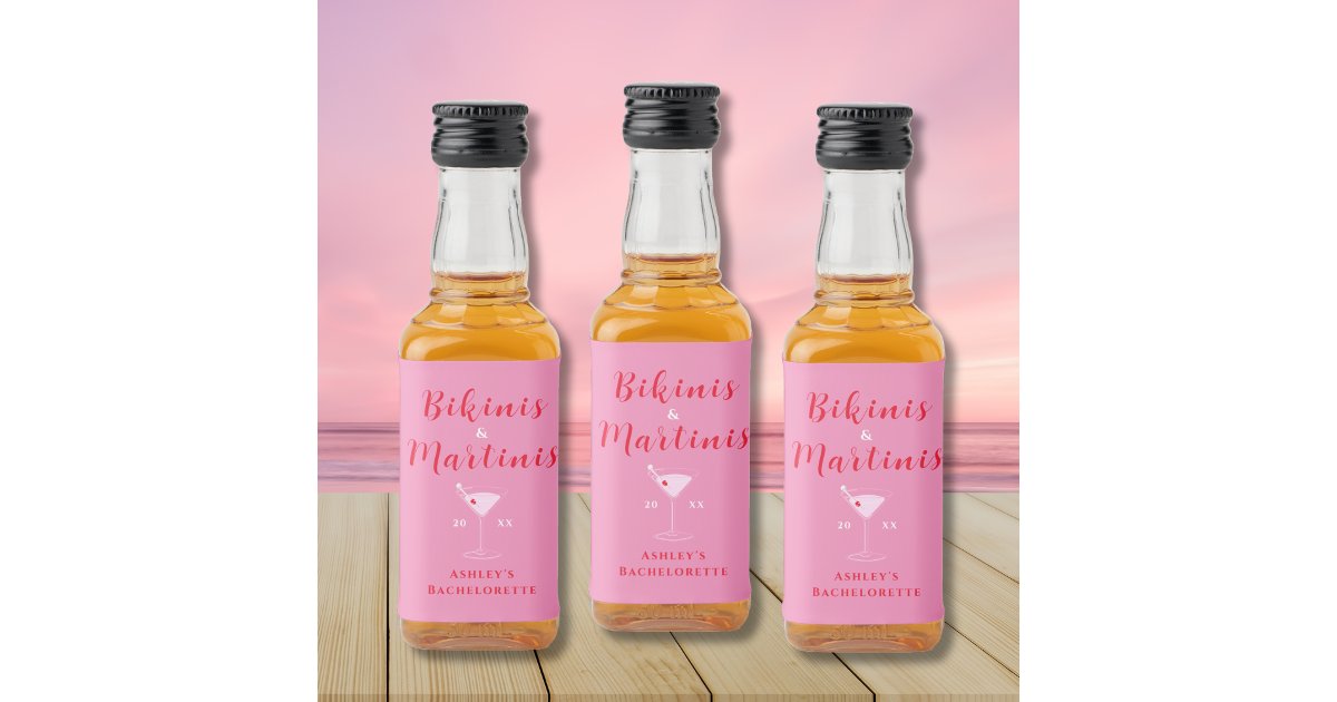 Trendy Bikinis & Martinis Pink & Red Bachelorette Liquor Bottle Label ...