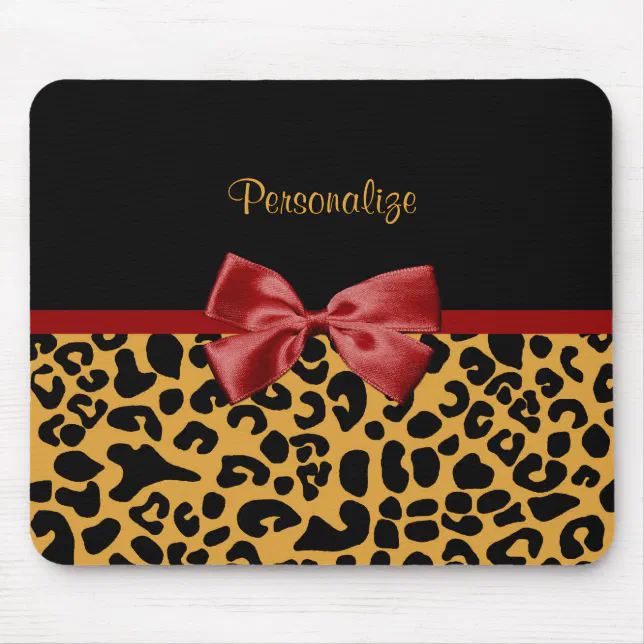 Trendy Black and Gold Leopard Print Red Ribbon Bow Mouse Pad | Zazzle