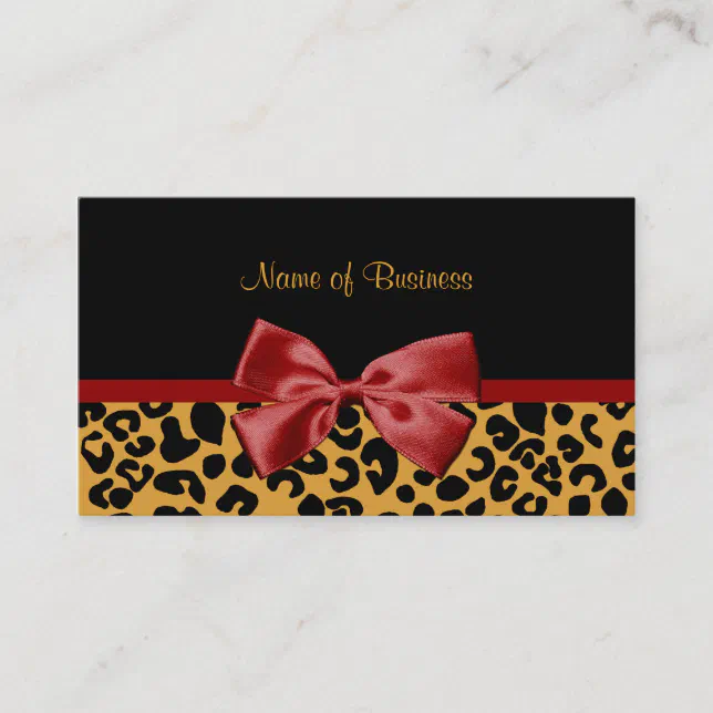 Trendy Black And Gold Leopard Print Red Ribbon Business Card | Zazzle