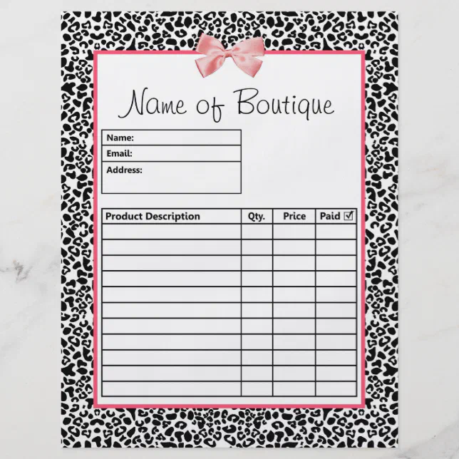 Trendy Black And White Leopard Print Order Forms Flyer | Zazzle