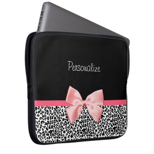 Trendy Black And White Leopard Print Pink Ribbon Laptop Sleeve | Zazzle