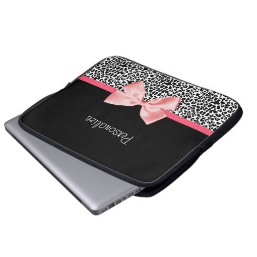Trendy Black And White Leopard Print Pink Ribbon Laptop Sleeve | Zazzle