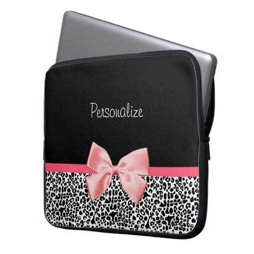 Trendy Black And White Leopard Print Pink Ribbon Laptop Sleeve | Zazzle