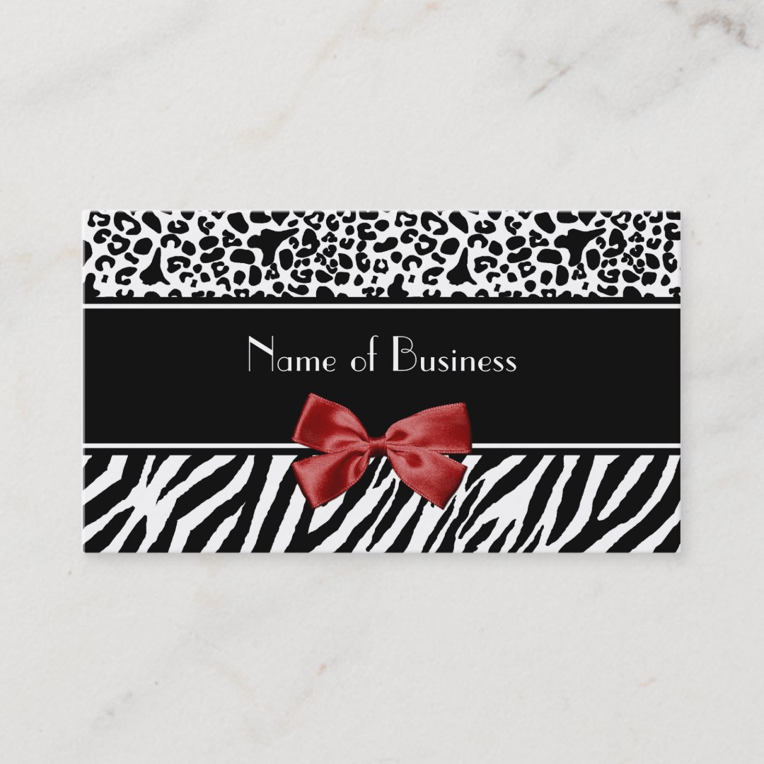 Trendy Black And White Leopard Zebra Red Ribbon Business Card | Zazzle