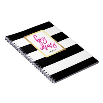 Trendy Black and White Stripes Gold and Typography Notebook | Zazzle