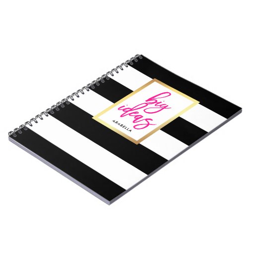 Trendy Black and White Stripes Gold and Typography Notebook | Zazzle