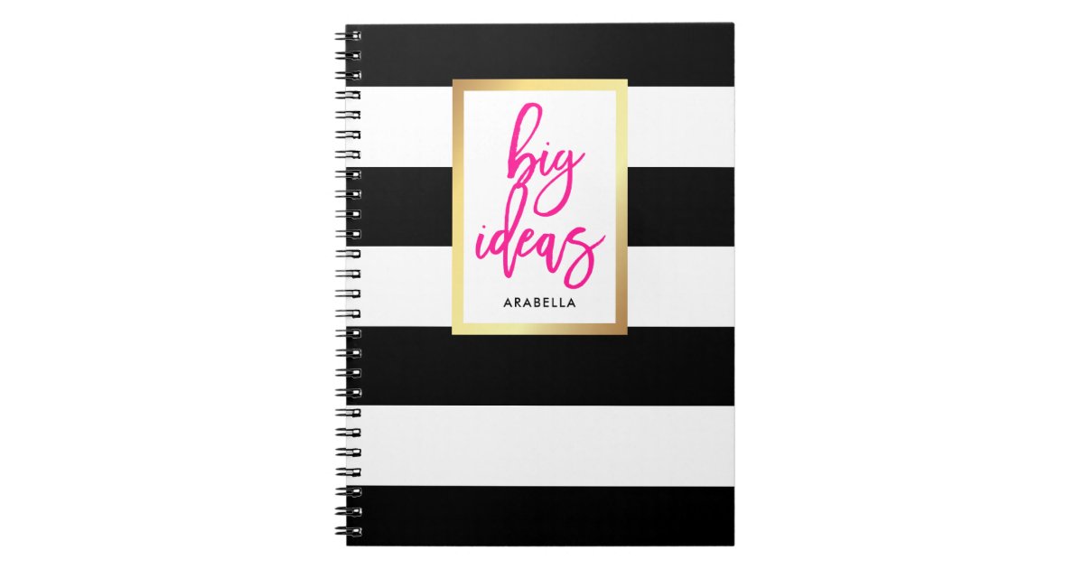 Trendy Black and White Stripes Gold and Typography Notebook | Zazzle